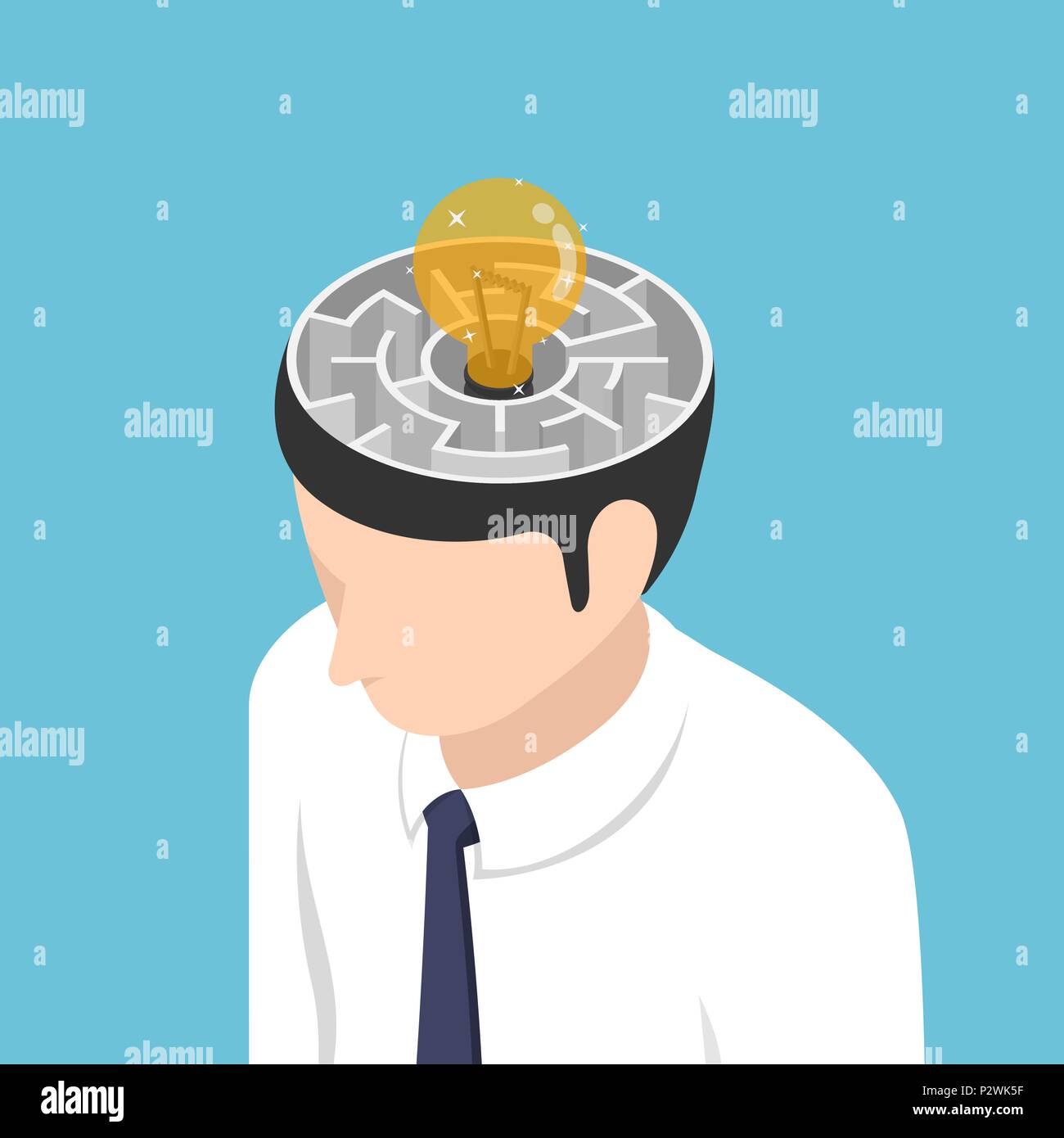 Flat 3d isometric light Bulb of idea is in the center of maze inside ...