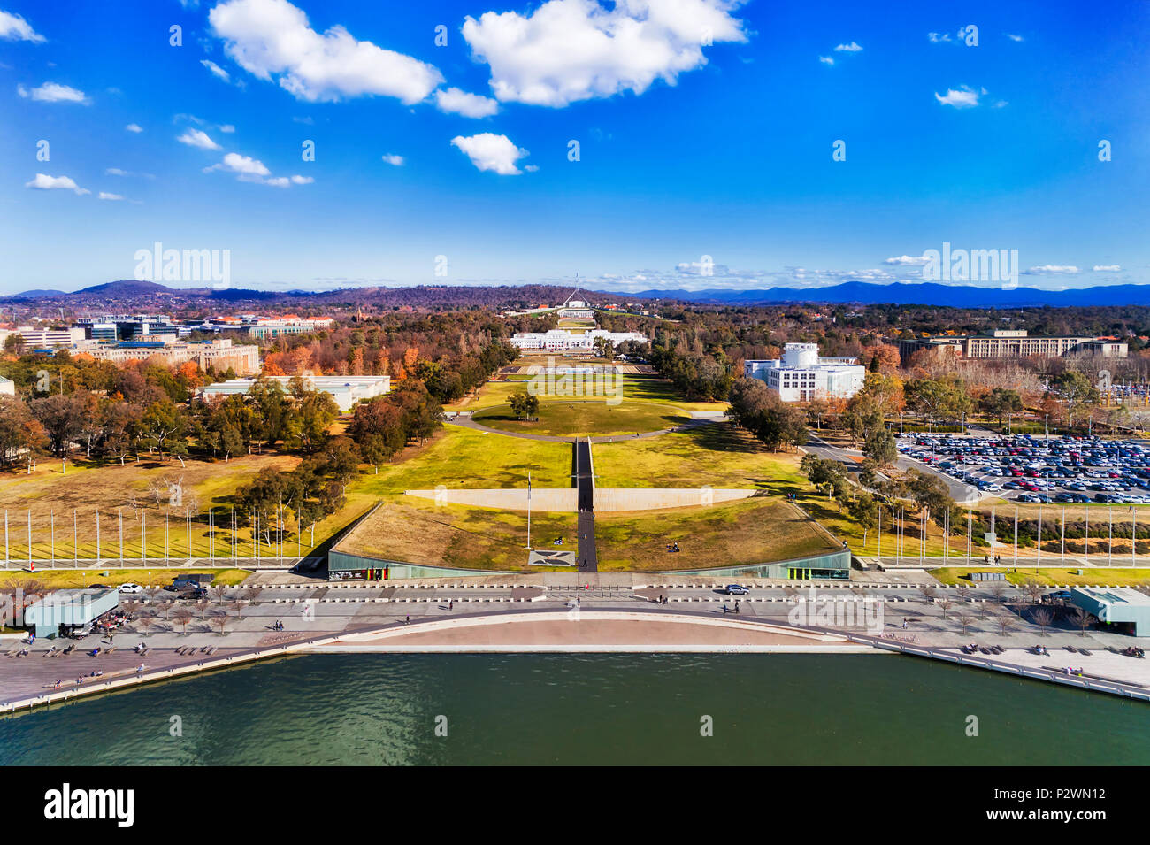 Government distrinct and parliament triangle in Canberra city on shores of lake Burley Griffin ...