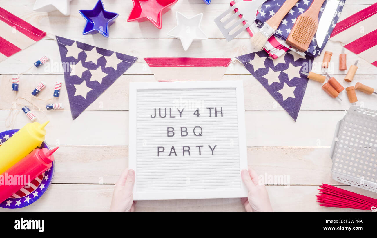 July 4th BBQ Party sign on memo board with July 4th decorations Stock ...