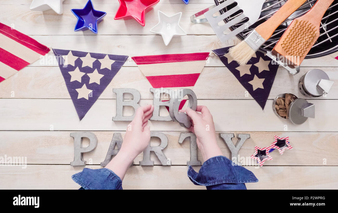 BBQ Party sign with July 4th decorations on a wood boards Stock Photo ...