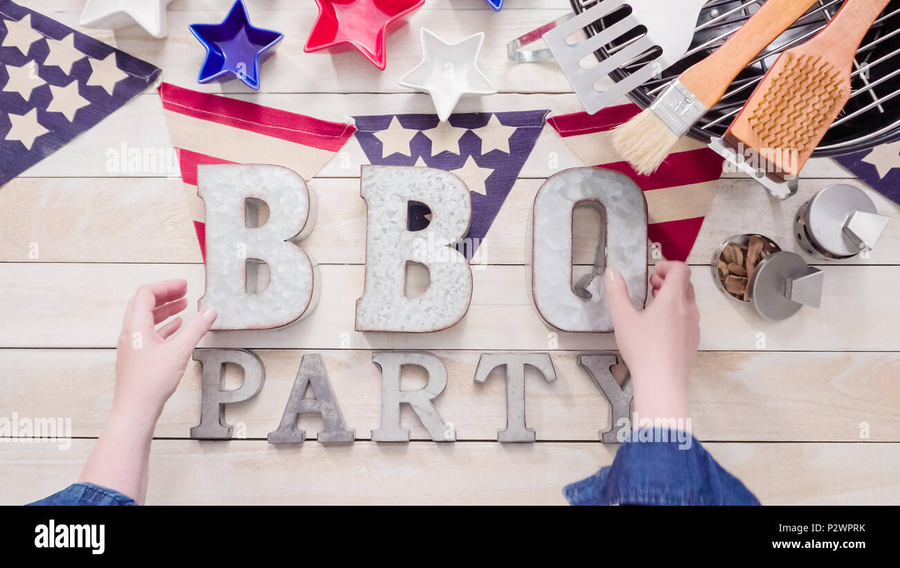BBQ Party sign with July 4th decorations on a wood boards Stock Photo ...