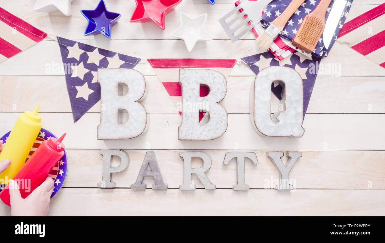 BBQ Party sign with July 4th decorations on a wood boards Stock Photo ...