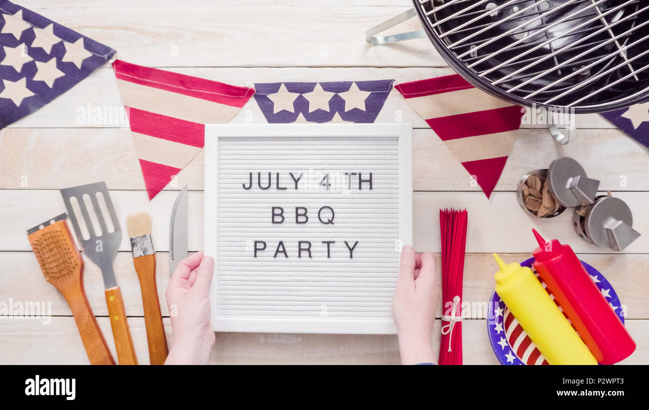 July 4th BBQ Party sign on memo board with July 4th decorations Stock ...