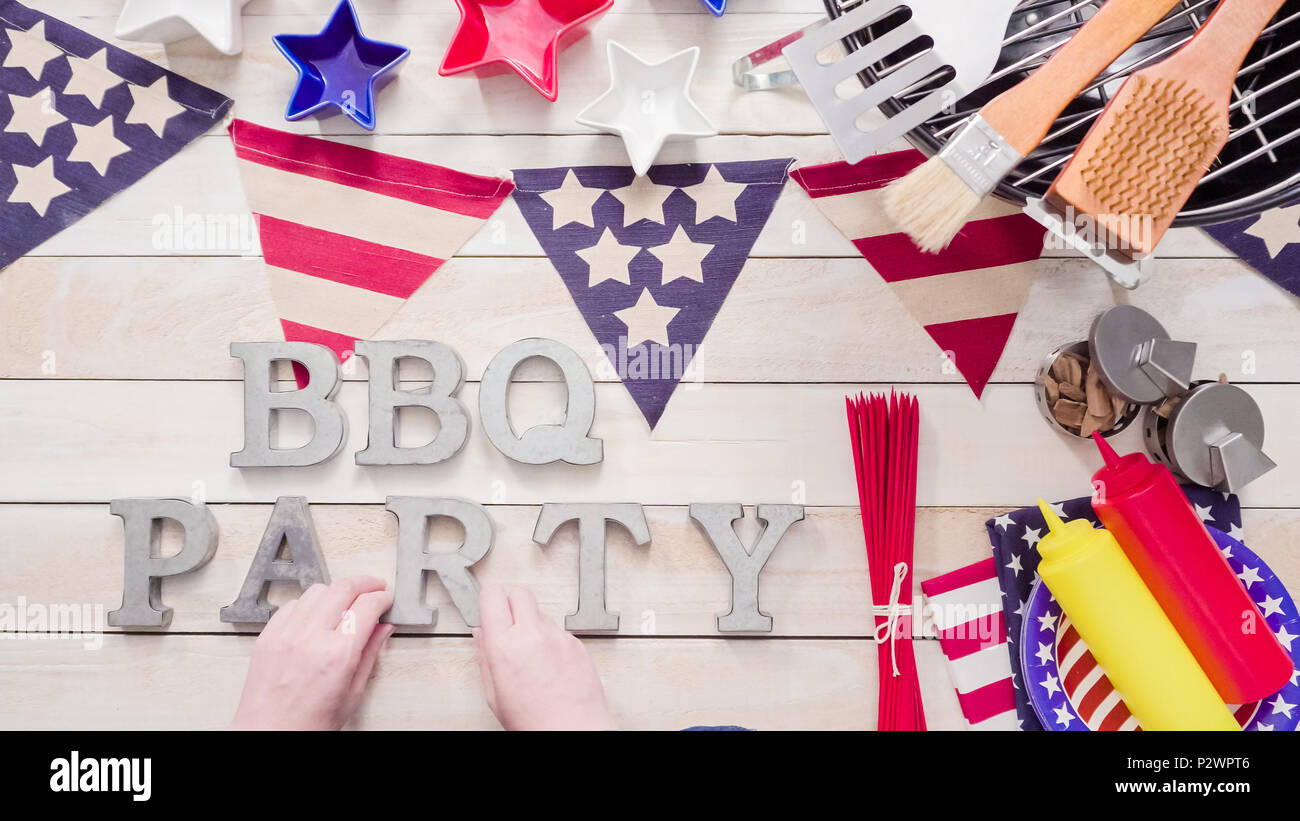 BBQ Party sign with July 4th decorations on a wood boards Stock Photo ...