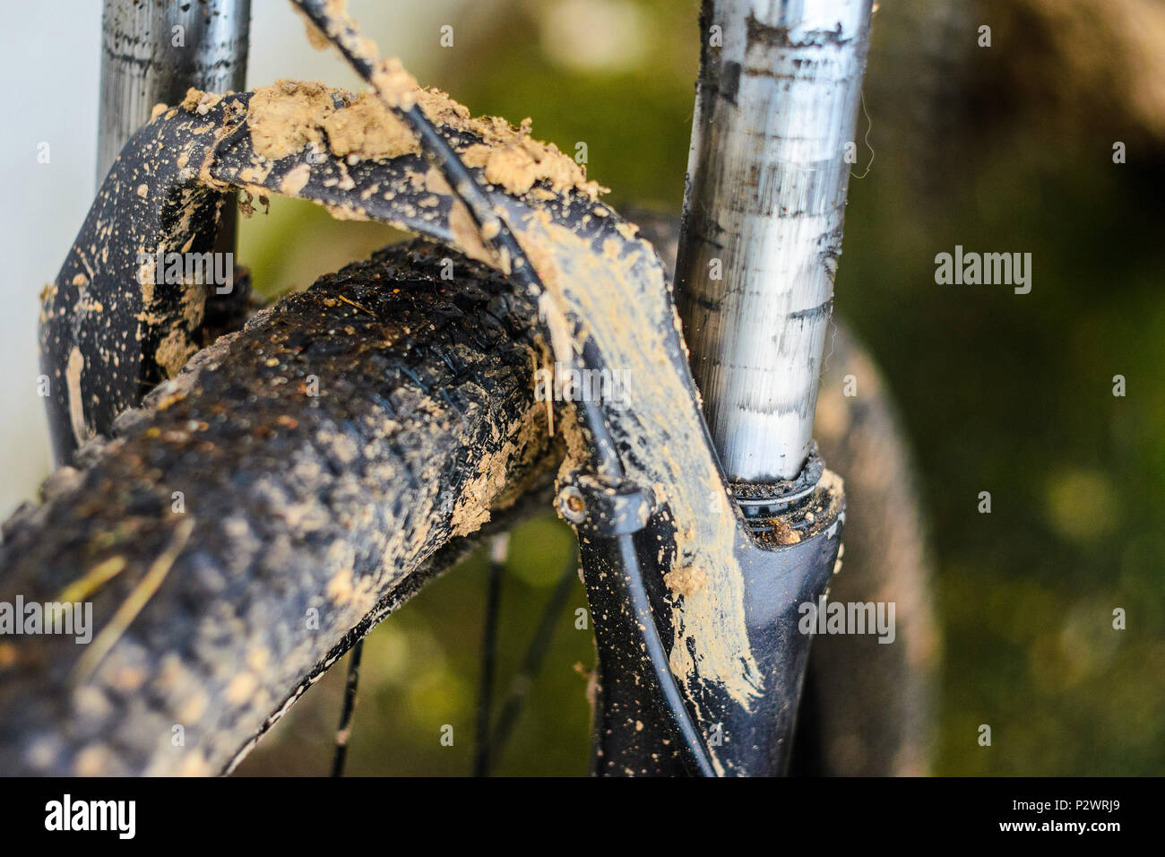 Dirty Mountain Bike Suspension Fork After Riding in Bad Weather. Dirt ...