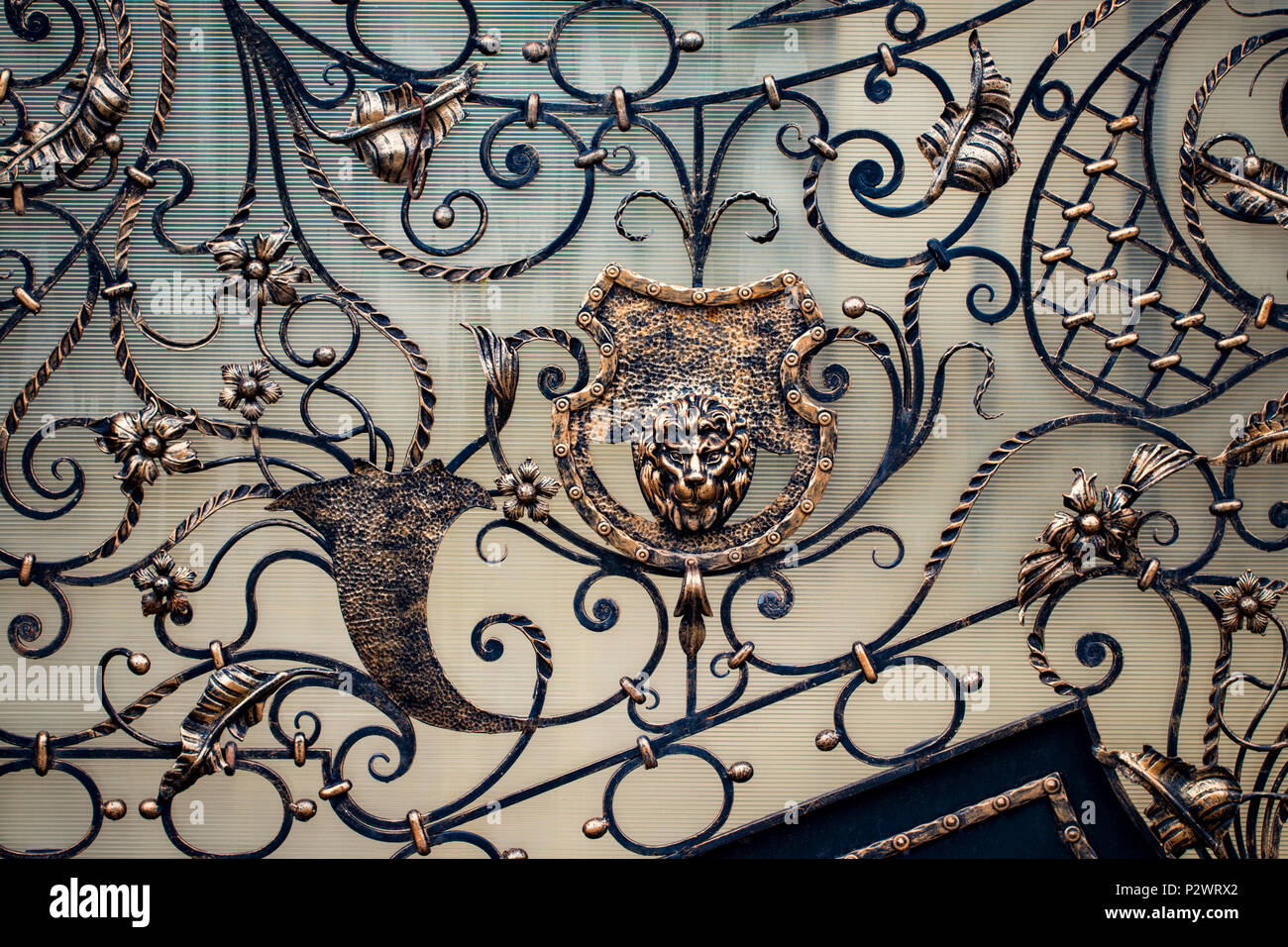 Details, structure and ornaments of forged iron gate. Decorative ...