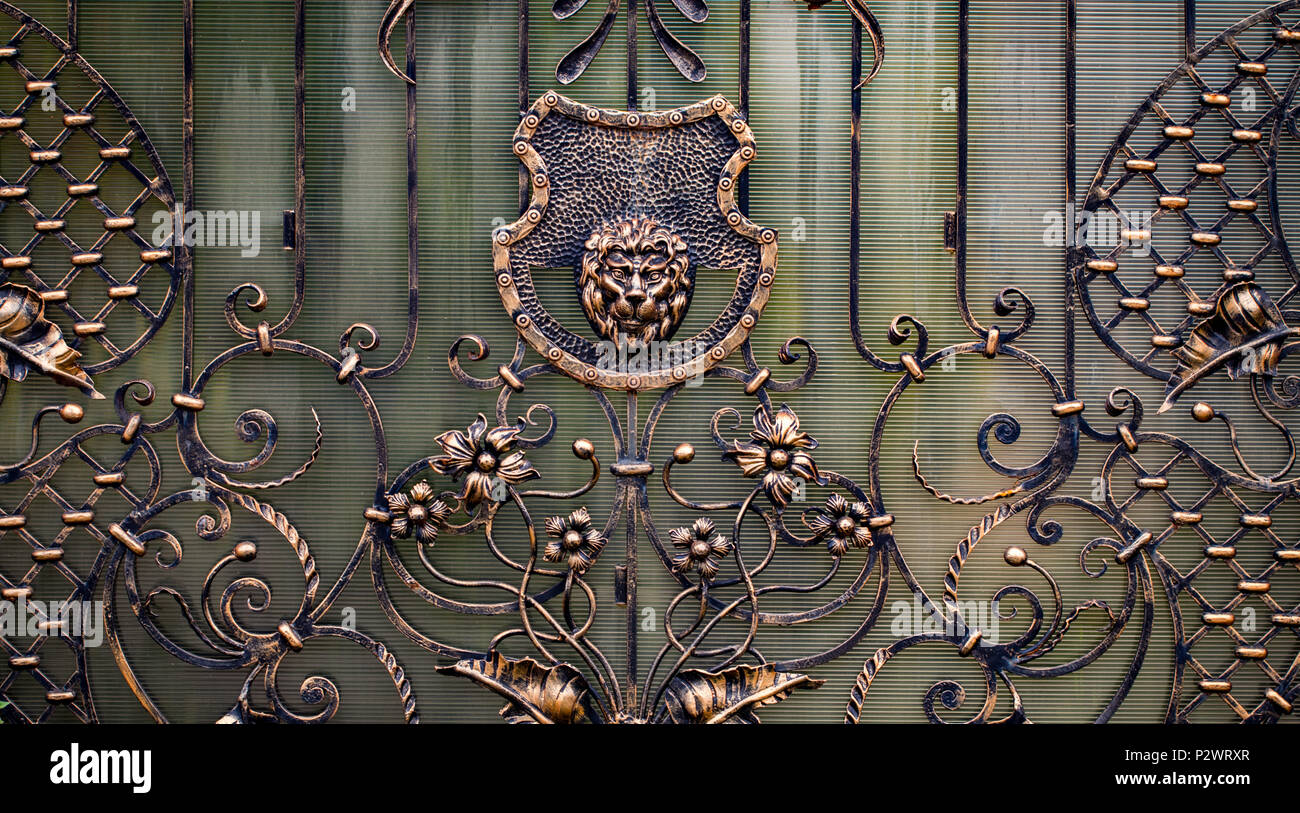 Details, structure and ornaments of forged iron gate. Decorative ...
