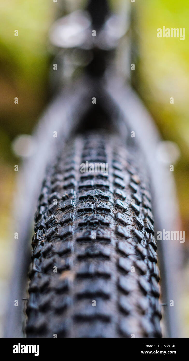 Mountain bike rear view. Rear mountain bike wheel and tread pattern ...