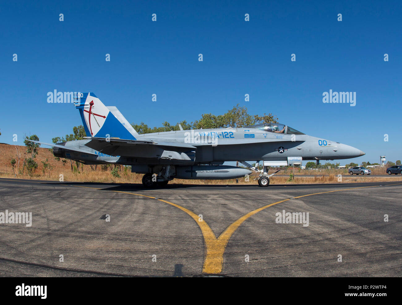 An F/A -18C Hornet with Marine Fighter Attack Squadron (VMFA)122, taxis ...
