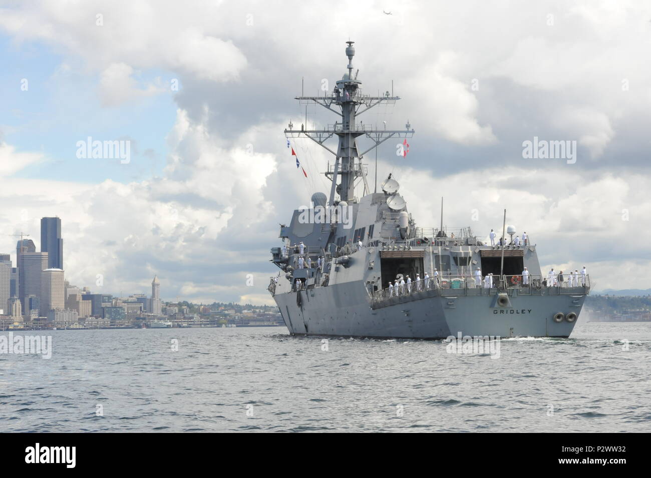 The crew of the USS Gridley, a 510-foot Raleigh Burke-class destroyer ...