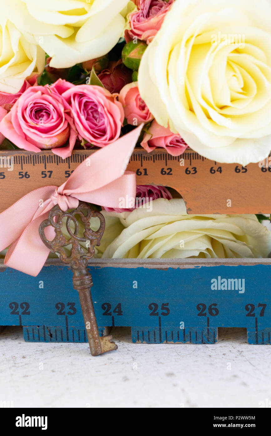 vintage key and flowers Stock Photo - Alamy