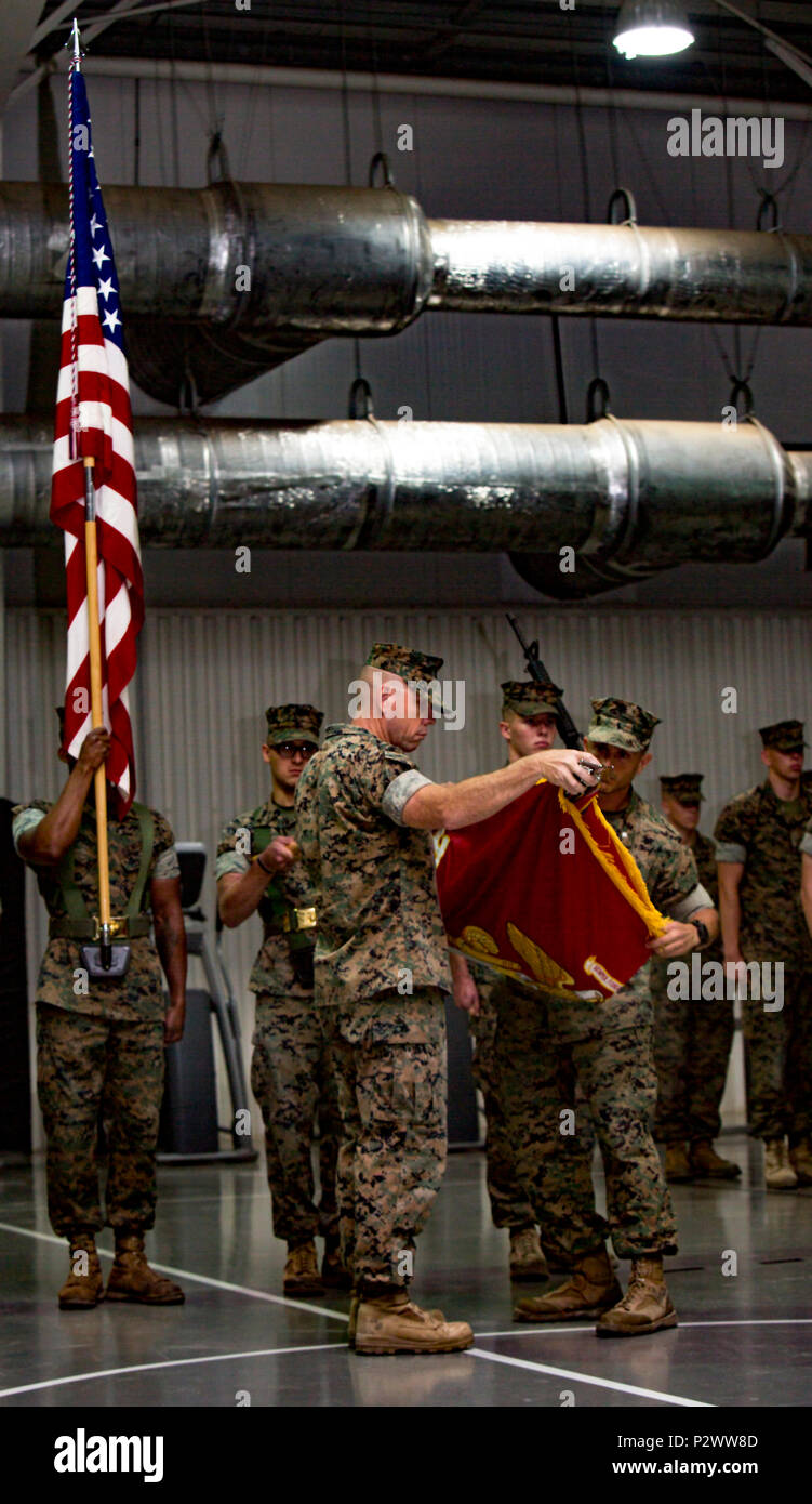 U.S. Marines with 1st Battalion, 8th Marine Regiment case their unit’s colors during the Black ...