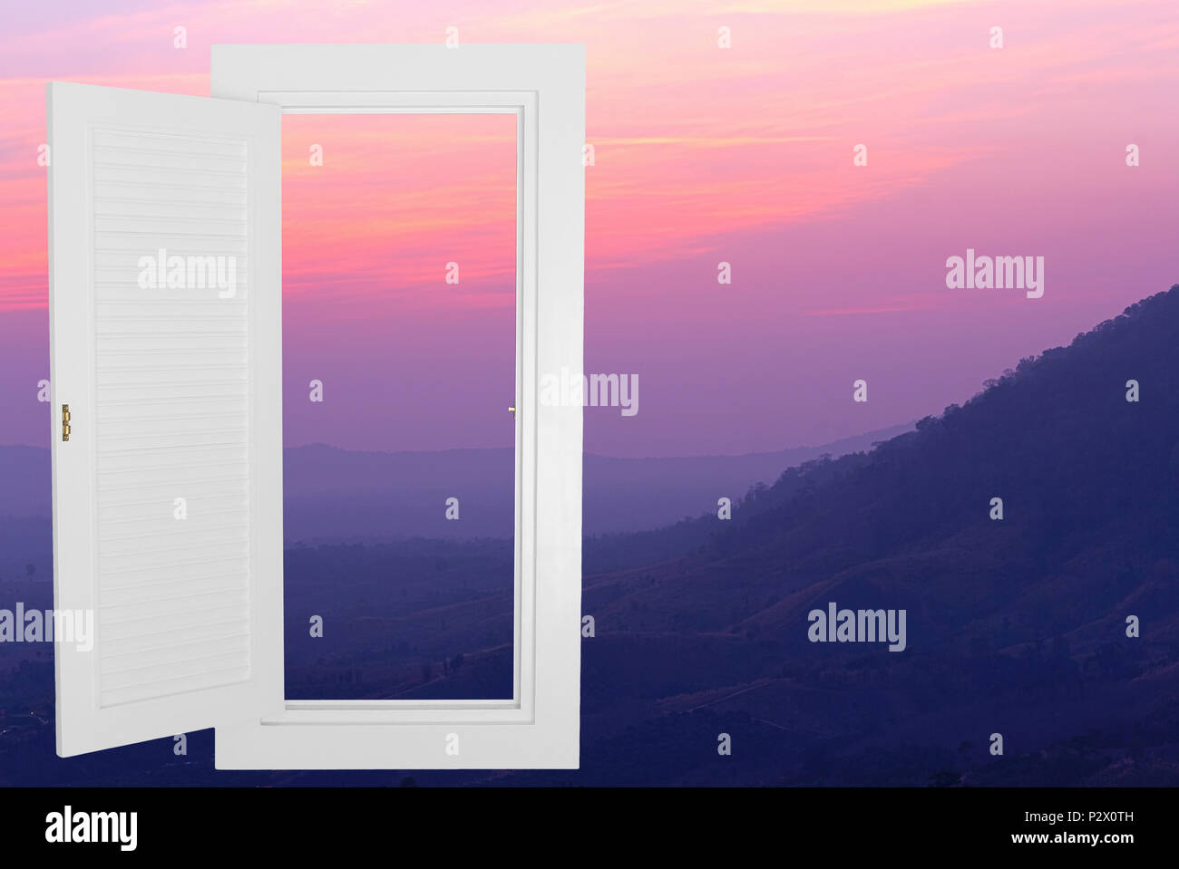 White window open frame with sunset mountain, horizontal landscape idea ...