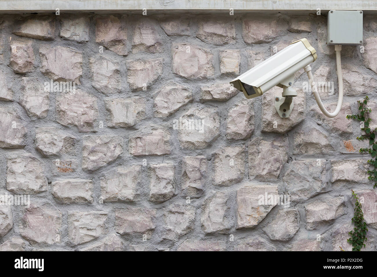 The CCTV Security Camera operating on stone brick wall background Stock ...