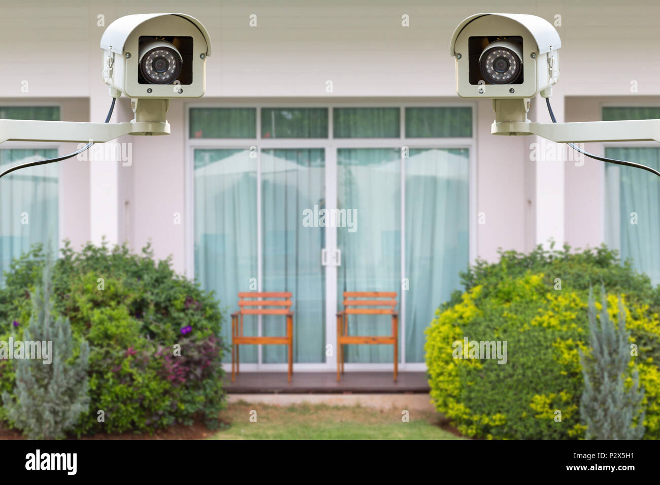 The CCTV security camera operating on backyard roofing house blur ...
