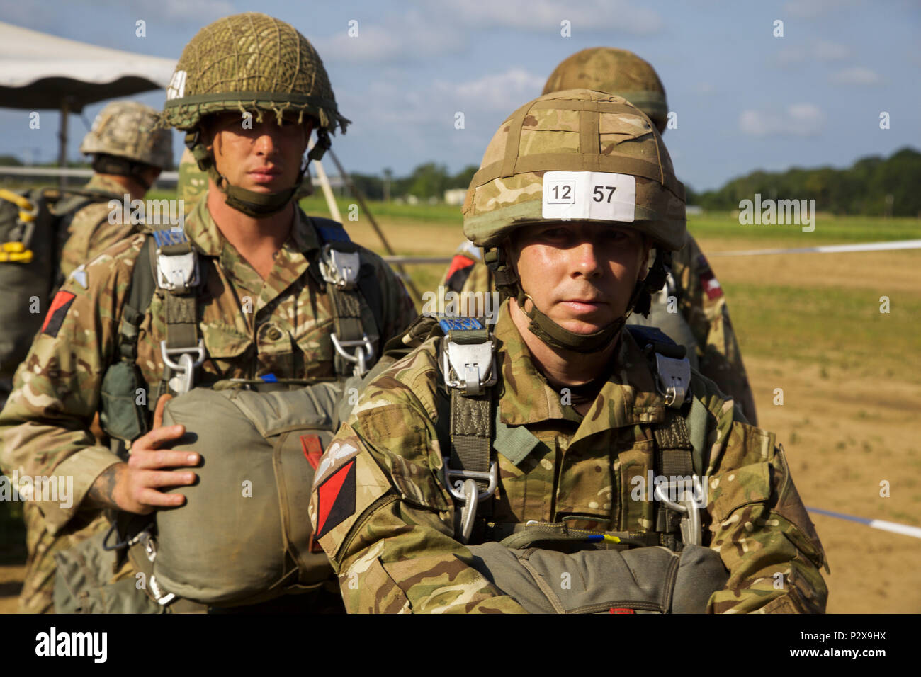 A group of British Paratroopers waits to be JMPI (Jumpmaster Personnel ...
