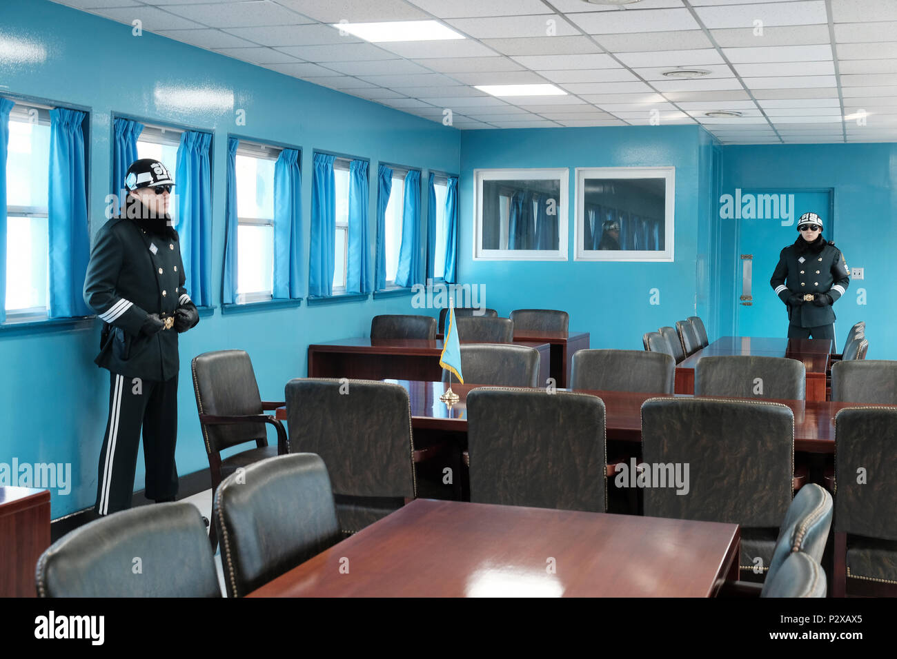 South Korean soldiers stand guard inside the Military Armistice ...