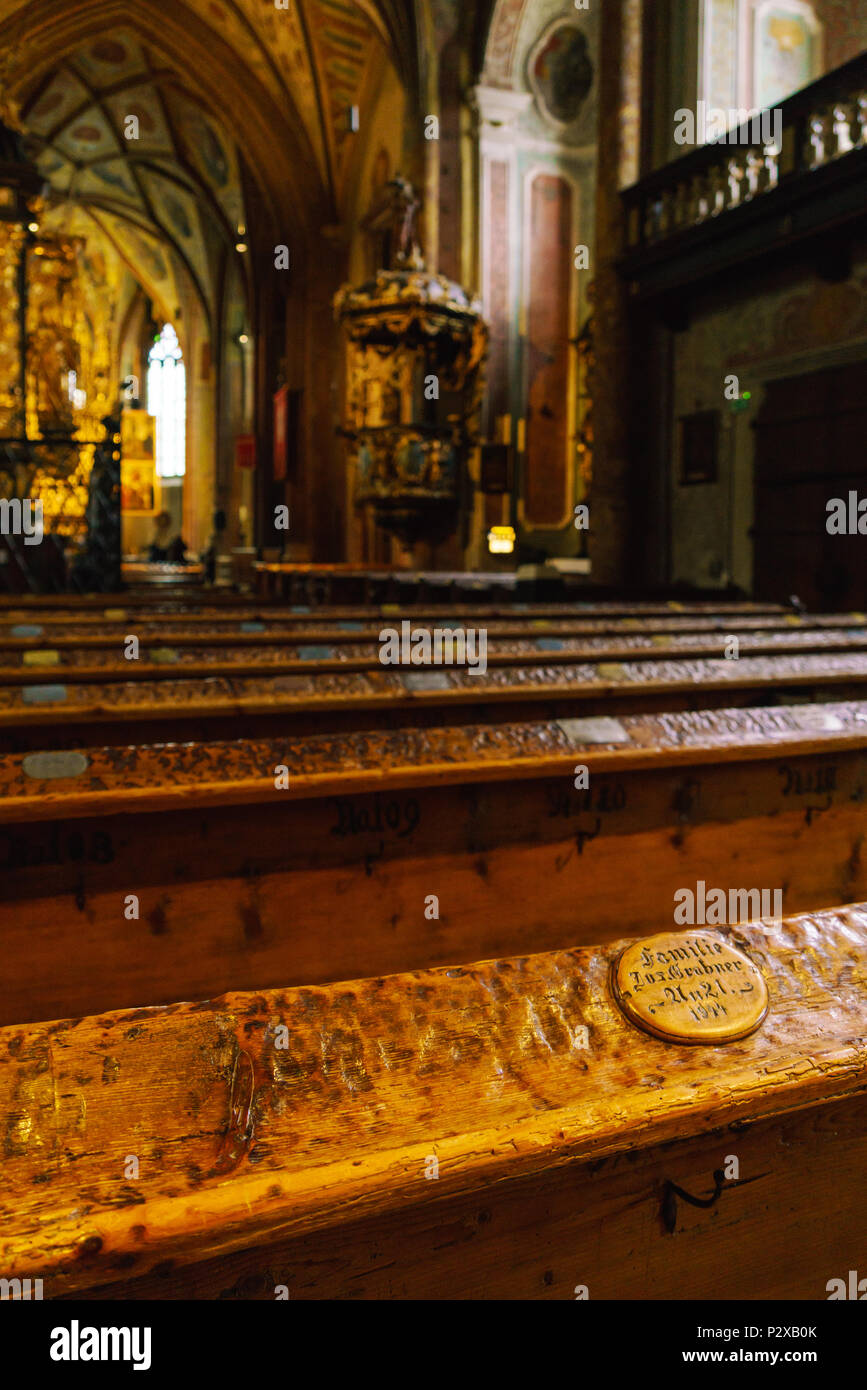 St.Wolfgang, Austria - October 24, 2017: Ancient benches in the ...