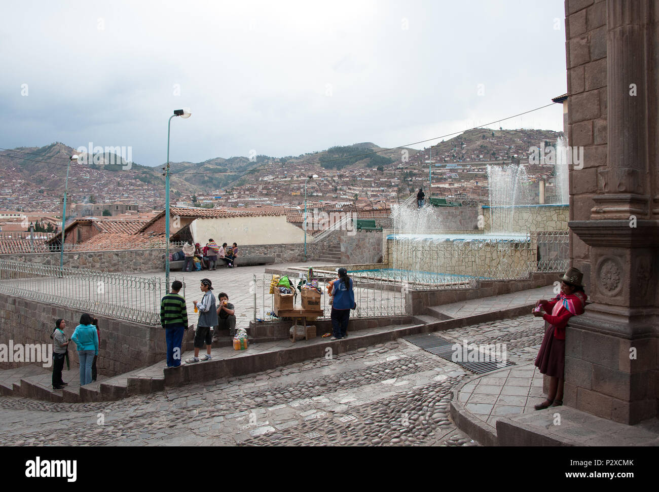 An elevated position of the cobbled streets of Cusco, Peru showing both ...