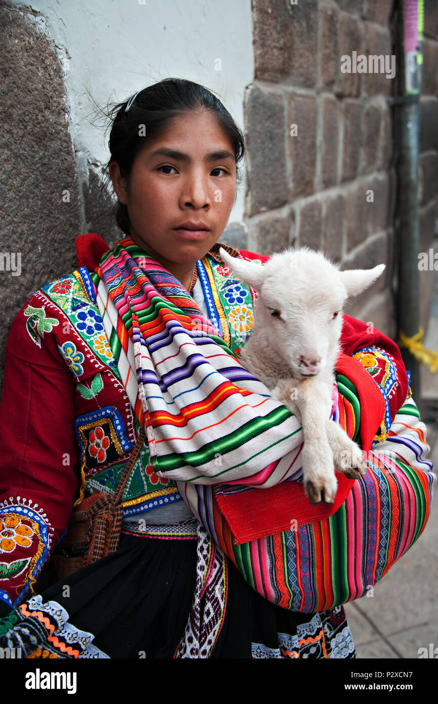 Peruvian woman in traditional costume holding her lamb in Cusco Peru ...