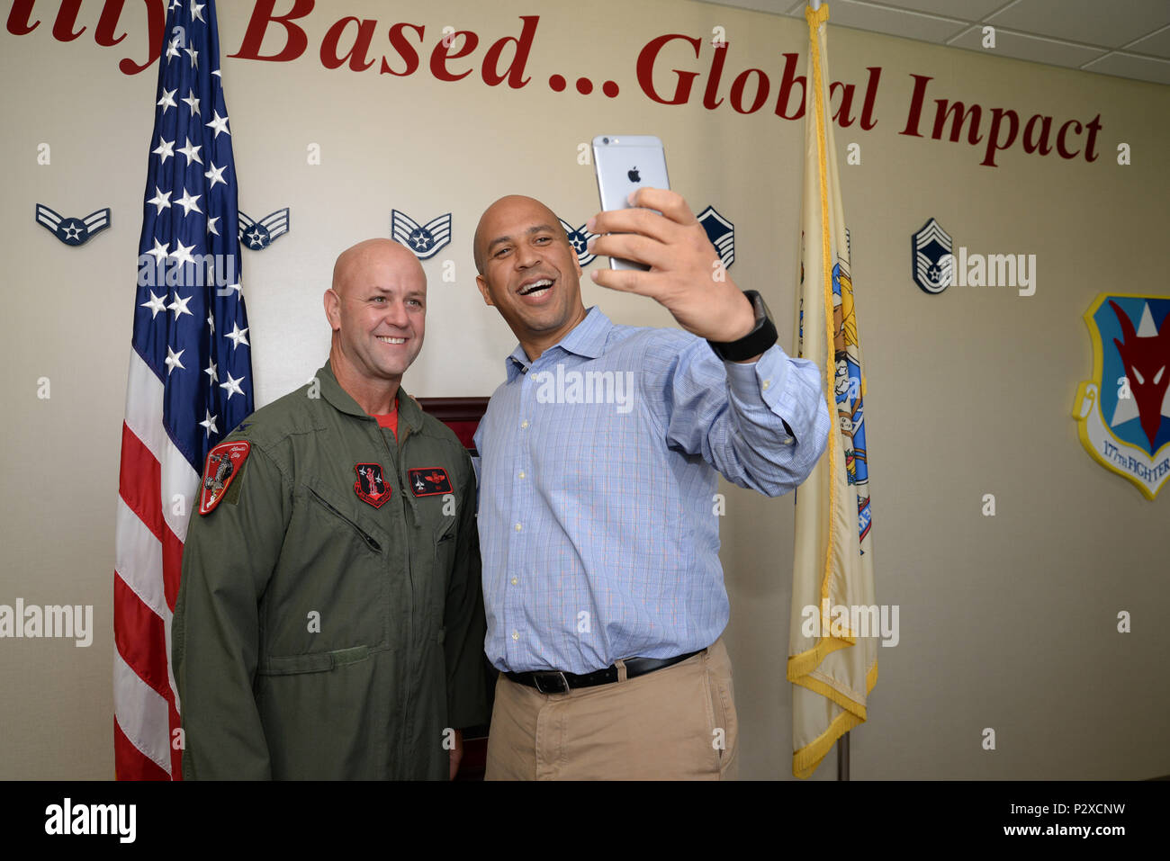 Cory Booker, U.S. Senator from New Jersey, records a snapchat with U.S. Air Force Col. John R ...