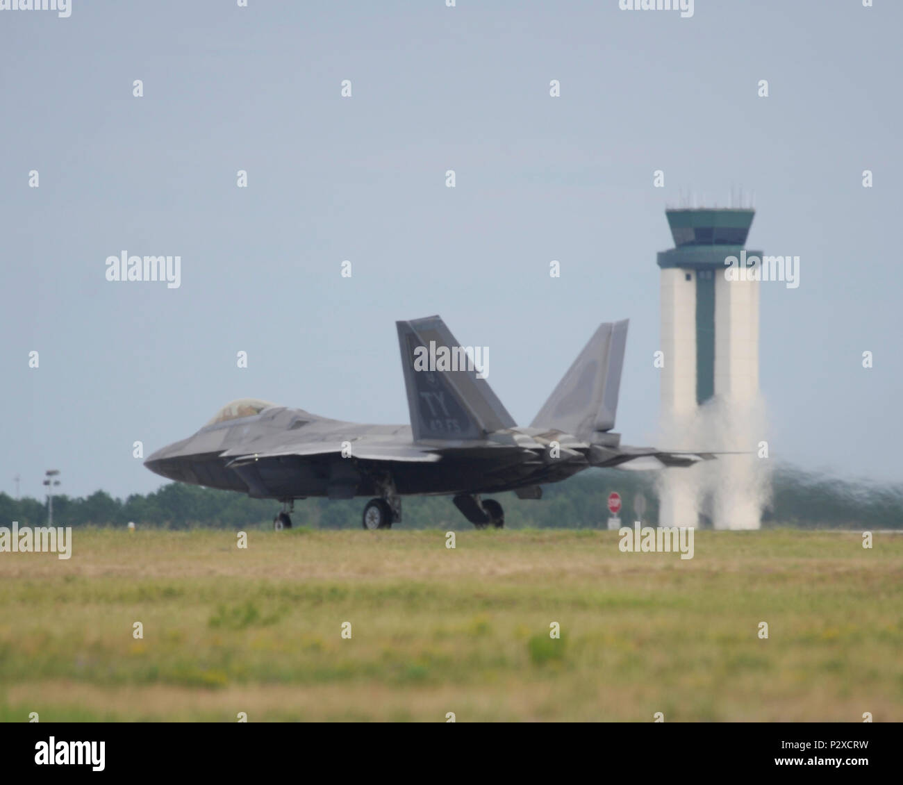 An F-22 Raptor from the 43rd Fighter Squadron prepares to take off ...