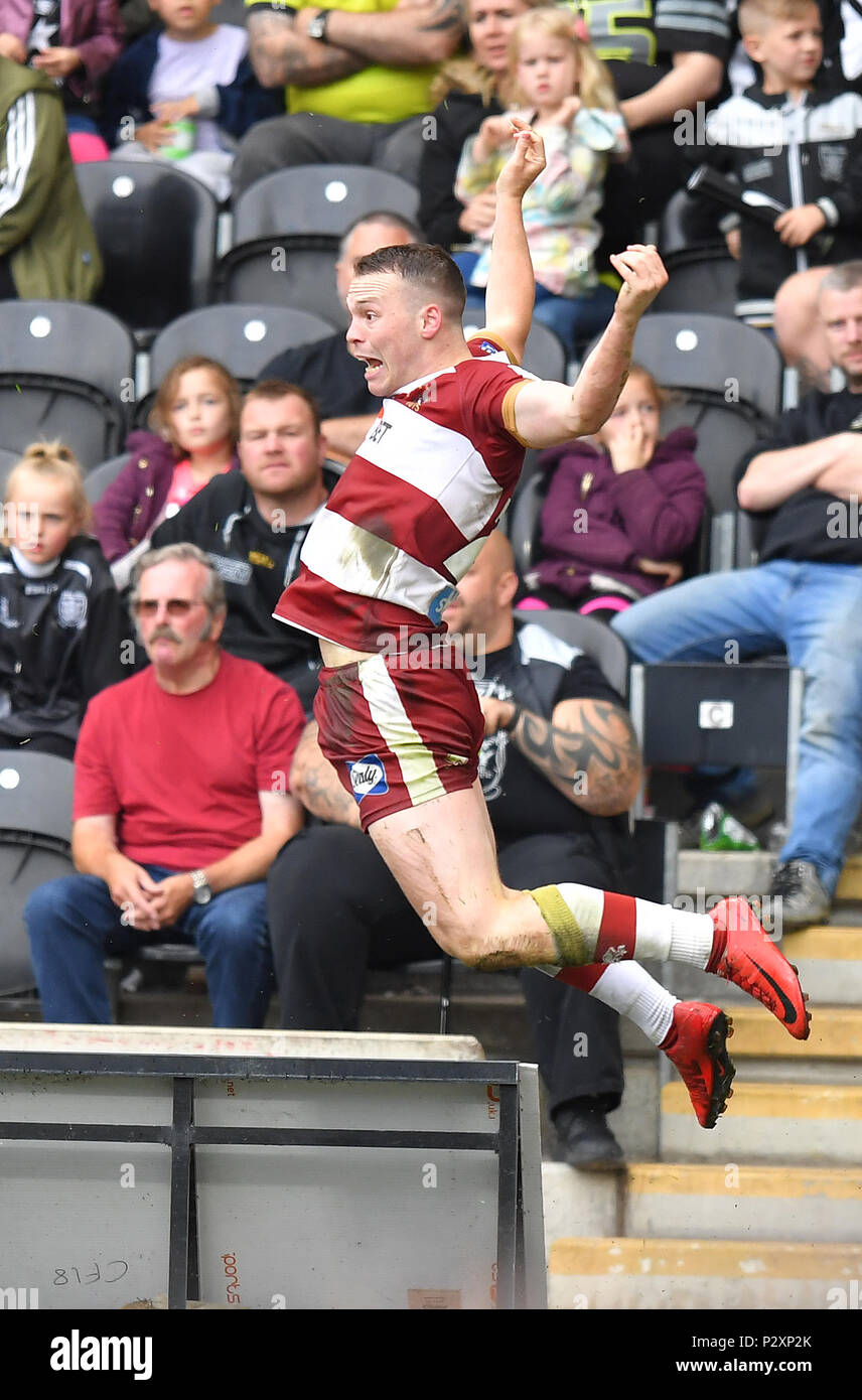Wigan Warriors' Liam Marshall celebrates scoring his team's 2nd try ...