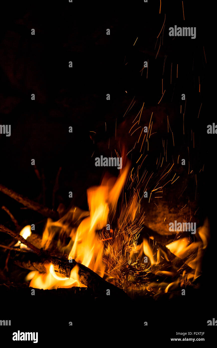Campfire burning logs and branches in fire at night long exposure close ...
