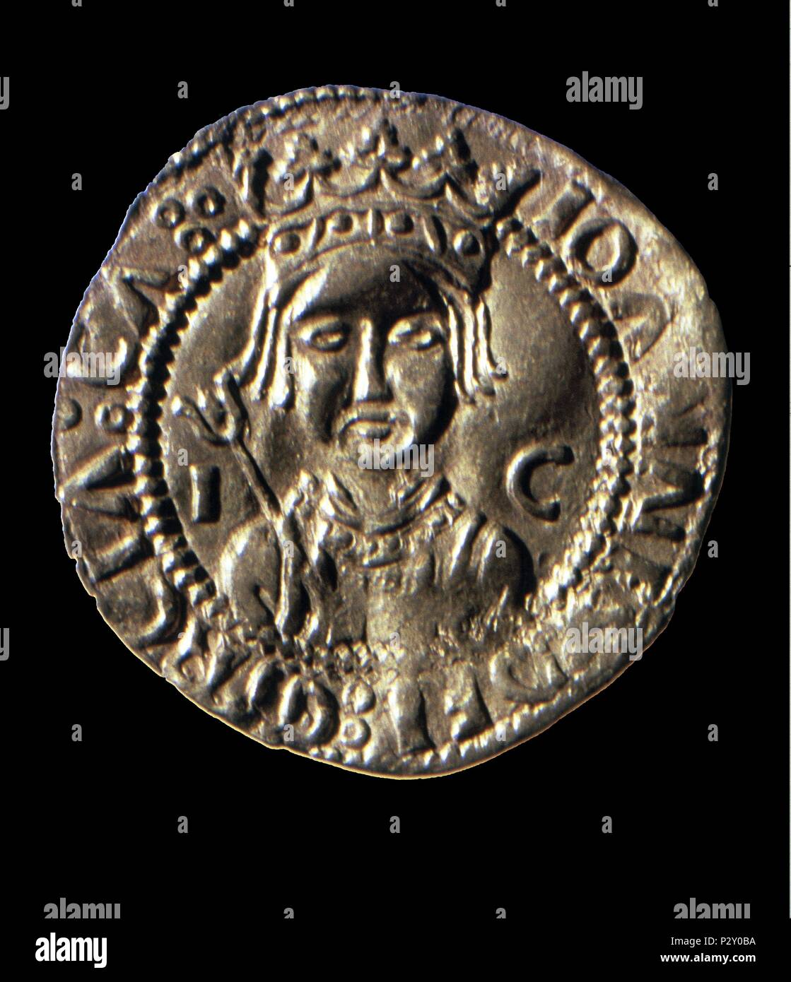 Coin from the Aragon Crown. Detail of a golden ducat. Jean II of Aragon ...