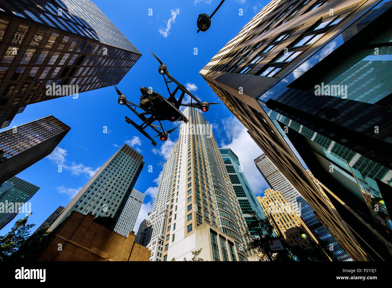NEW YORK CITY - June 15, 2018: Drone flying over NEW YORK CITY Street ...