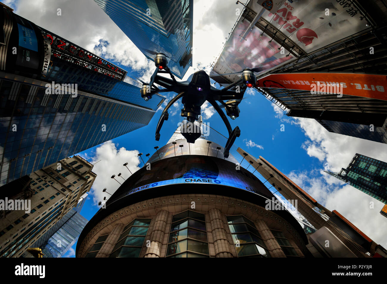 NEW YORK CITY - June 15, 2018: Drone flying over NEW YORK CITY street ...