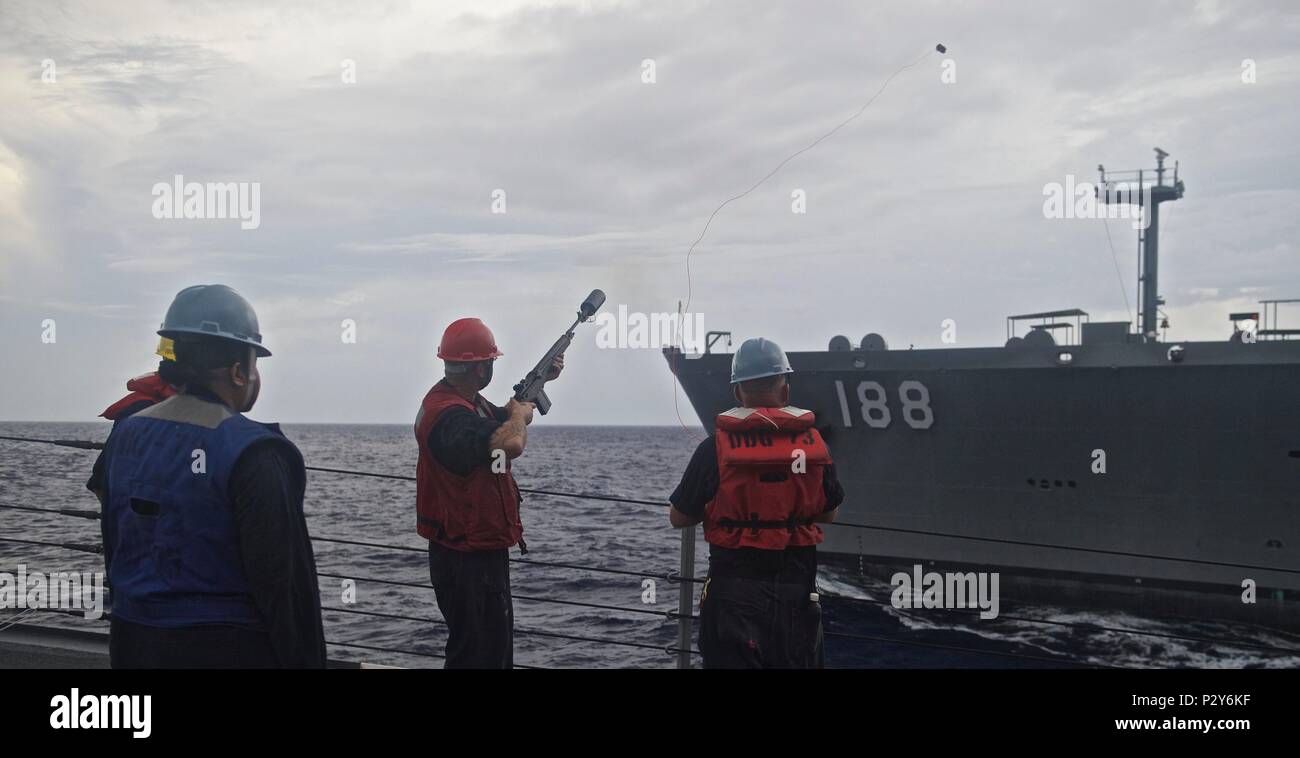 SOUTH CHINA SEA (August 7, 2016) – A shot line is fired during a ...