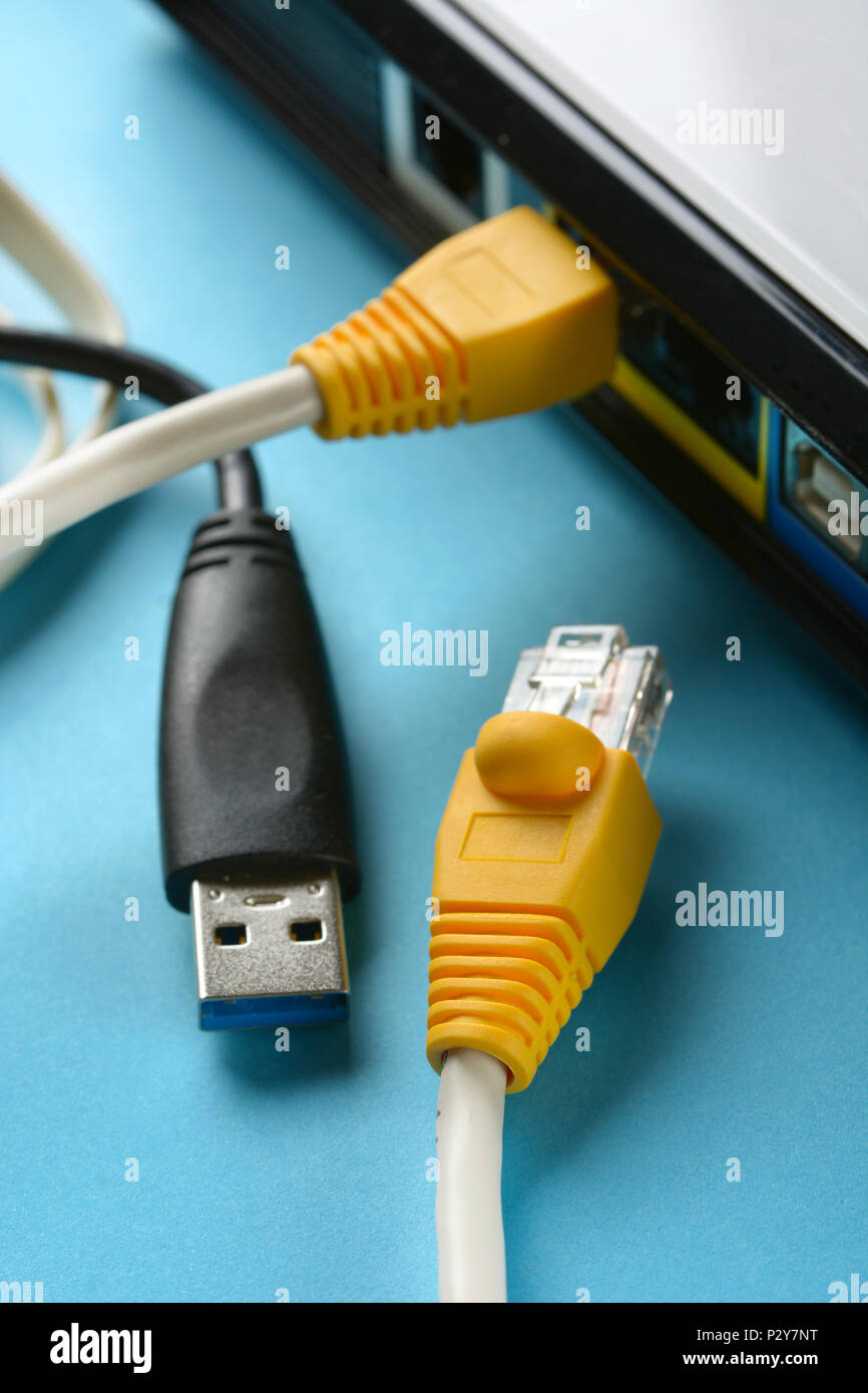 network cables - modem router - internet connection - closeup Stock ...