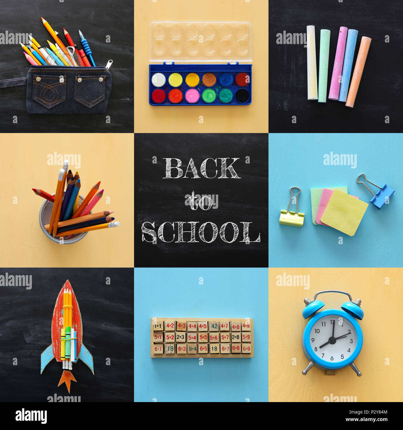 Back to school collage concept. school objects and supply with ...