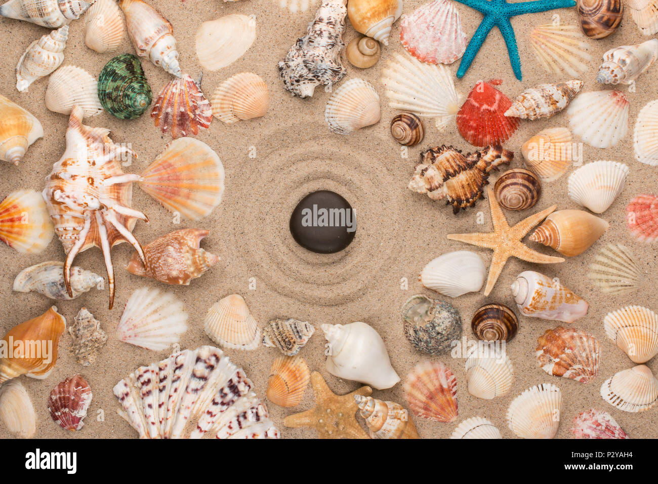 Black stone lies in the center of the circle, frame of seashells and stars. View from above ...