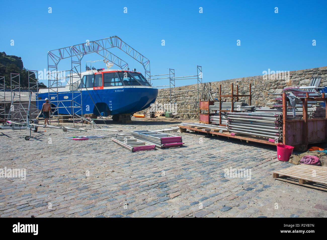Scaffolding frame to support a tent being erected over an amphibious ...
