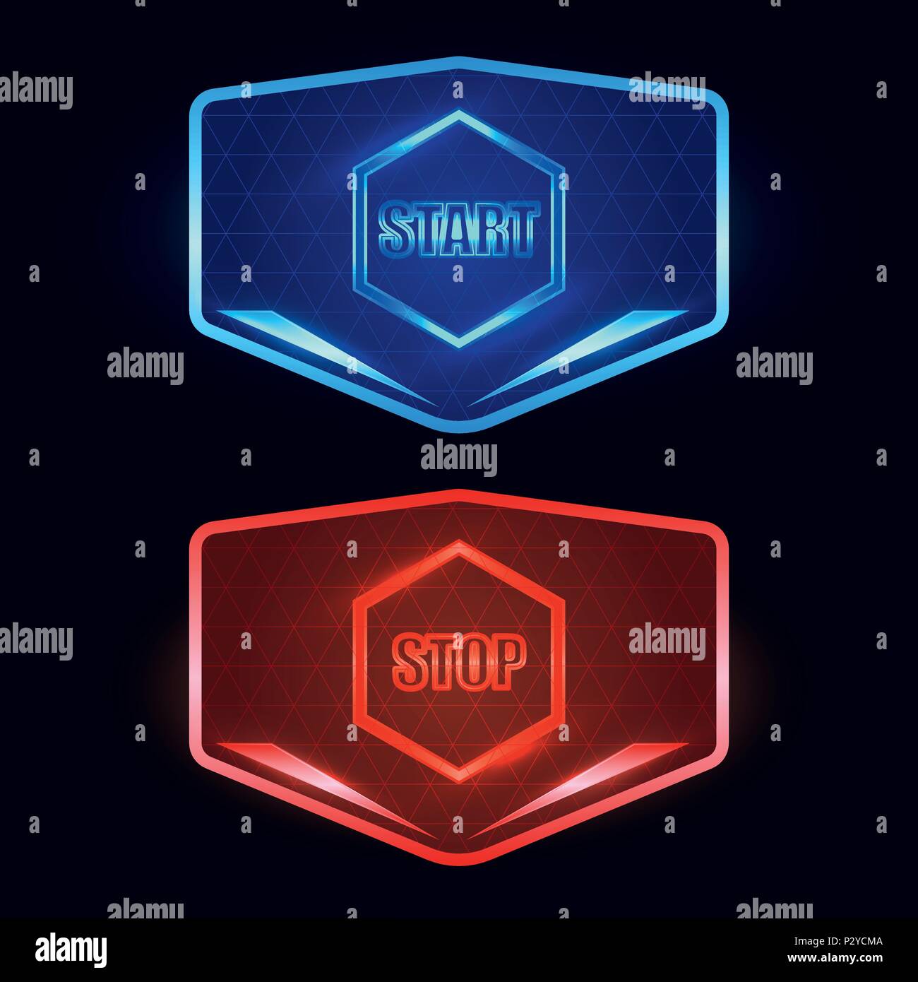 Futuristic blue start and red stop buttons for the technological user ...