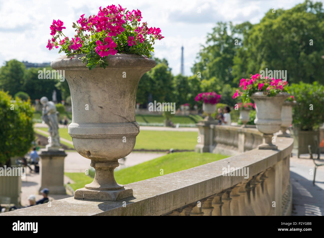 Giant pink flower pots at the Jardin du Luxembourg in Paris, France in ...