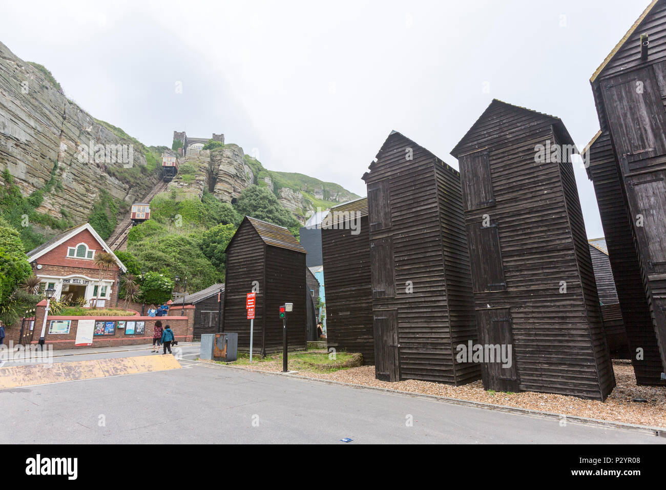 East Hill Cliff Railway and the Hastings Net Shops, Fisherman black ...
