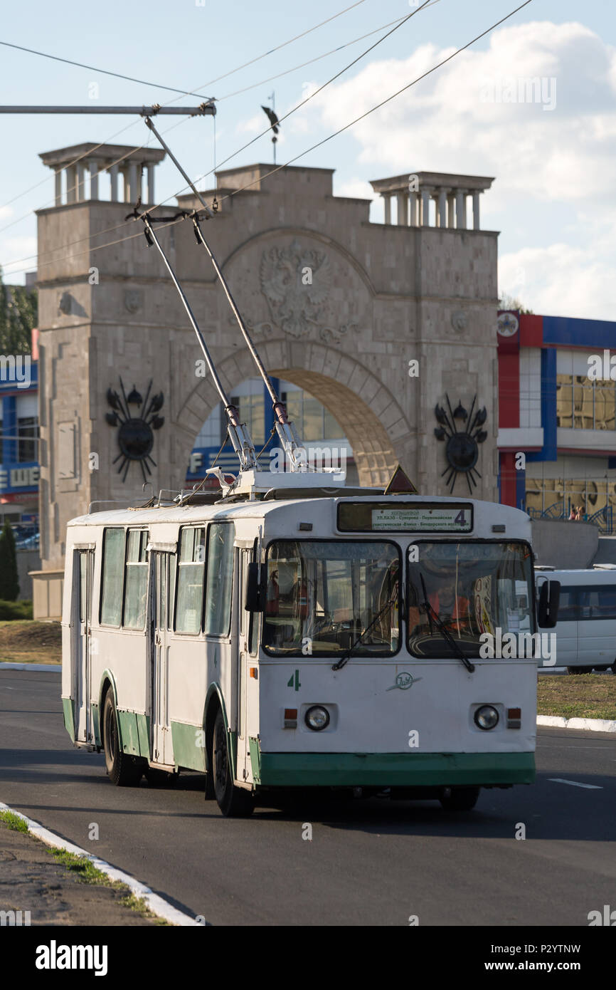 Bender, Moldova, trolleybus in front of the triumphal arch Stock Photo ...