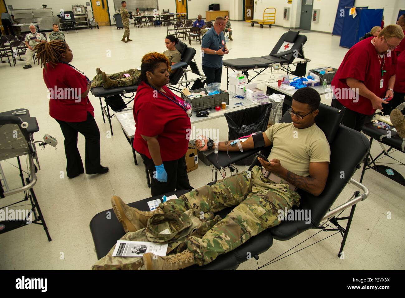 Soldiers donate pints of blood during a blood drive at Fort Eustis, Va ...