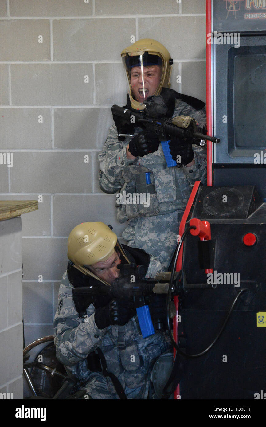 Senior Airman Brandon Leier shouts to fellow 119th Security Forces ...