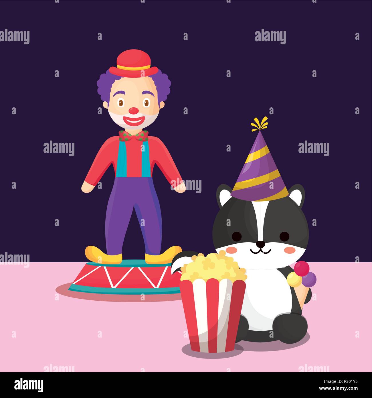 Carnival circus design with clown and skunk with pop corn over black ...