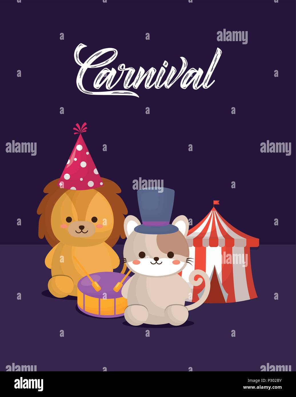 Carnival circus design with cute lion and cat over purple background ...