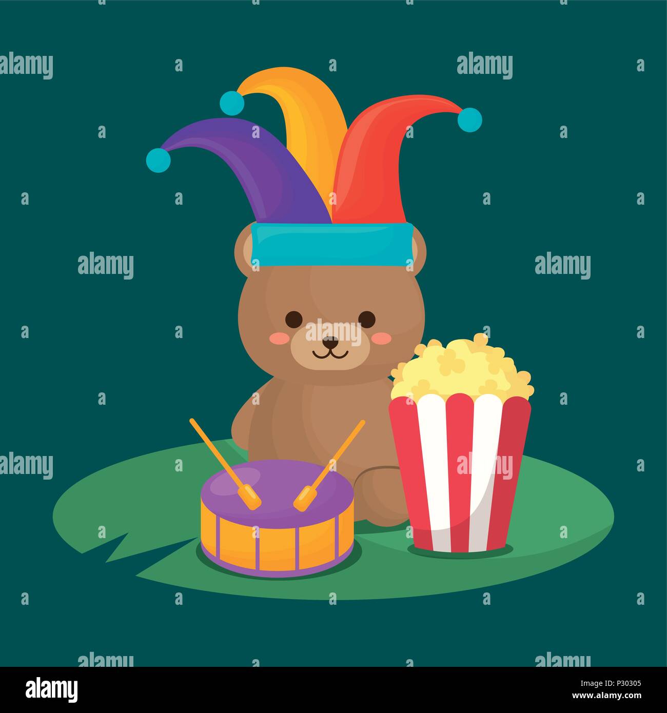 cute bear with jester hat and pop corn over green background, colorful ...