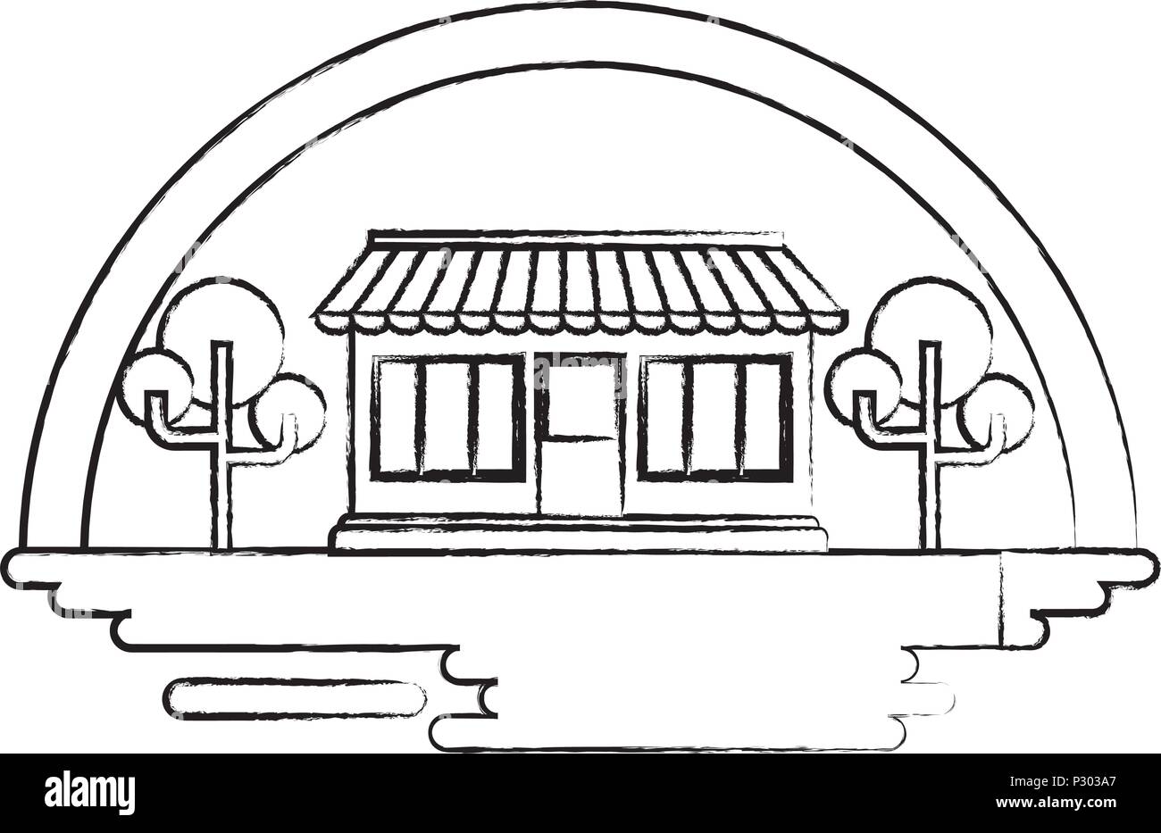 sketch of shop and trees over landscape and white background, vector ...