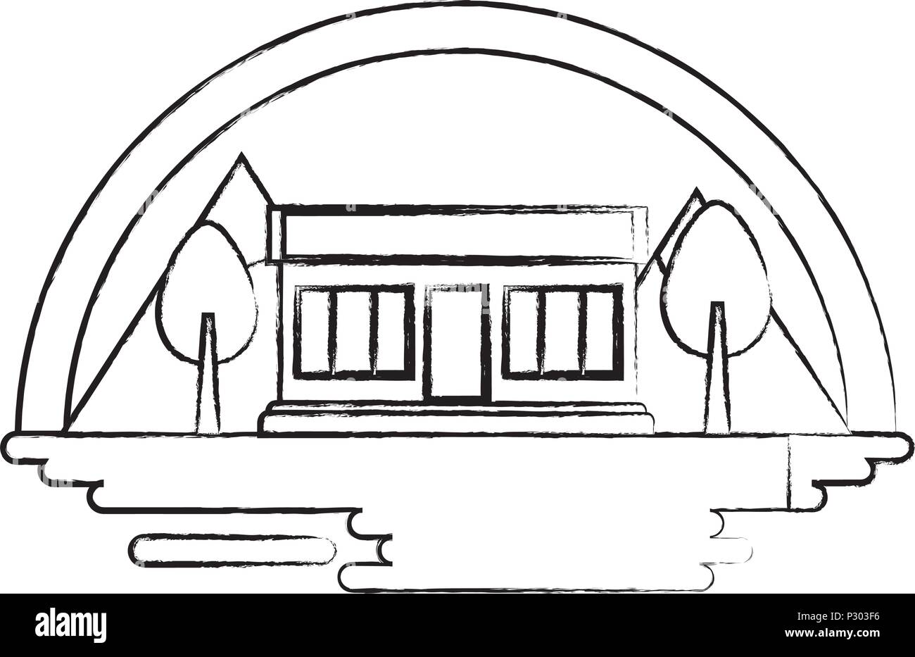 sketch of shop and trees over landscape and white background, vector ...