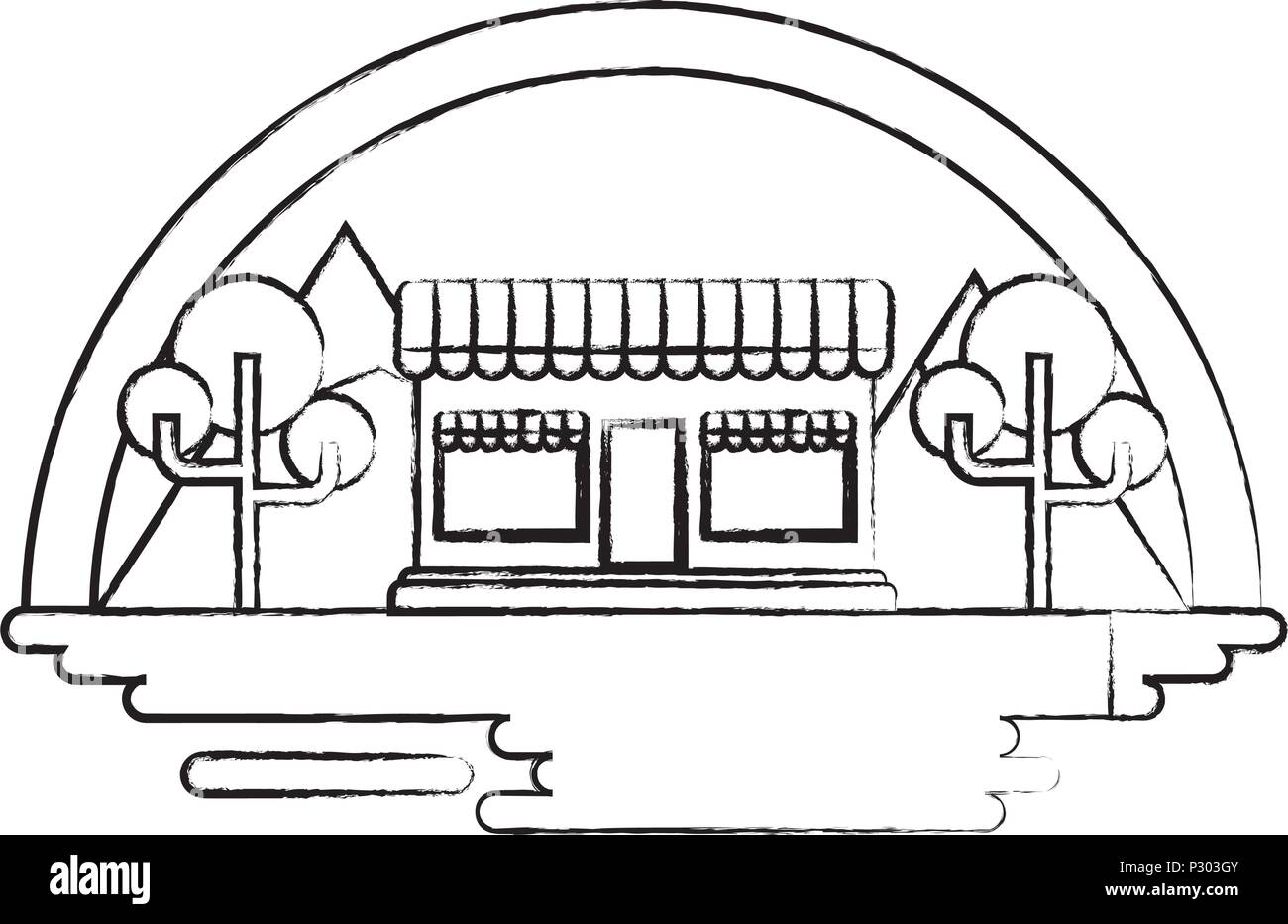 store and trees over landscape and white background, vector ...