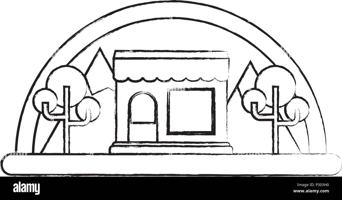 sketch of shop and trees over landscape and white background, vector ...