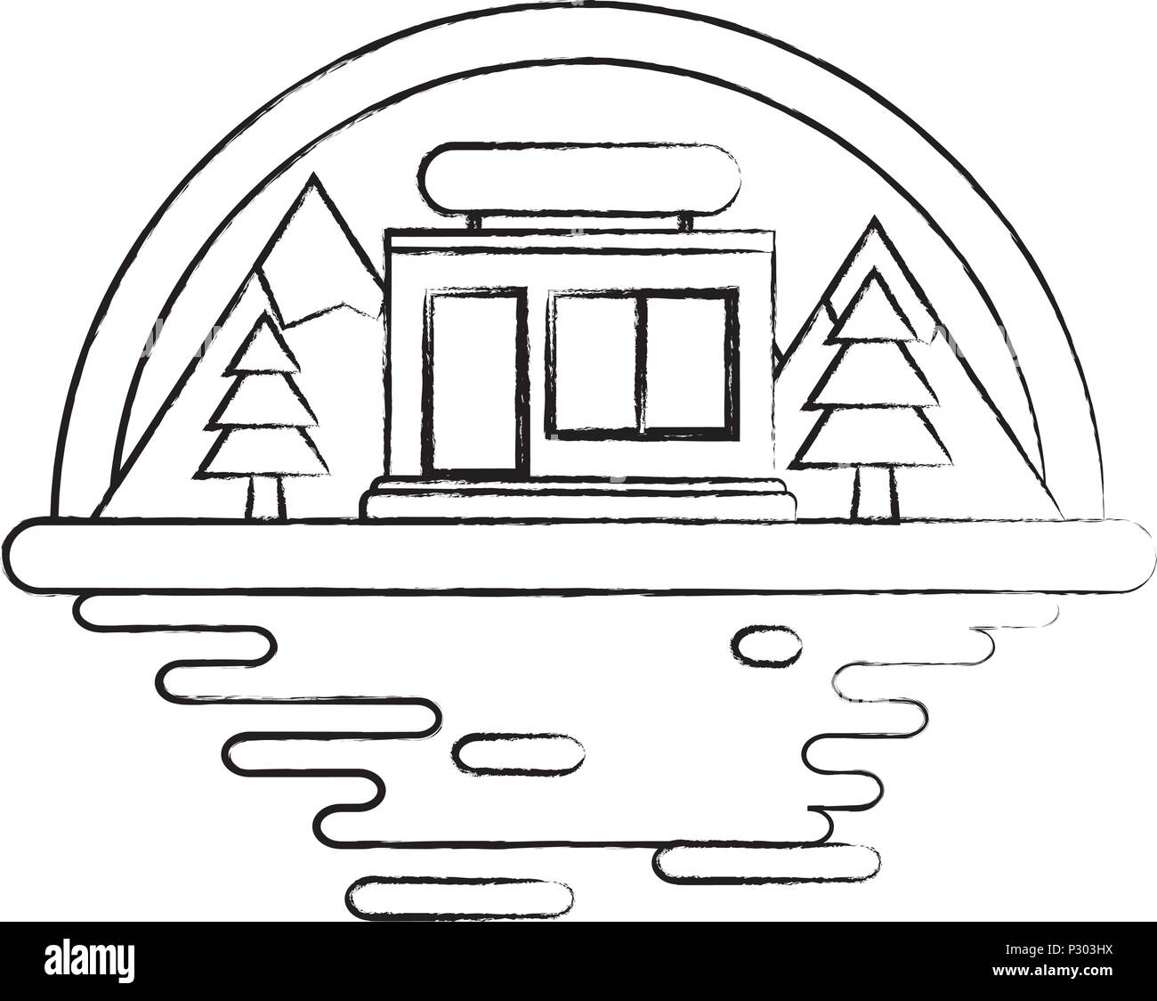 sketch of shop and trees over landscape and white background, vector ...